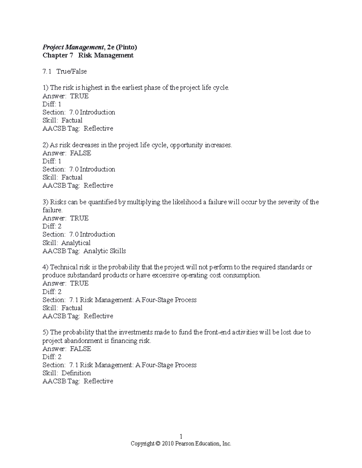 Project Management Pinto Ch07 Test Bank - Project Management , 2e ...