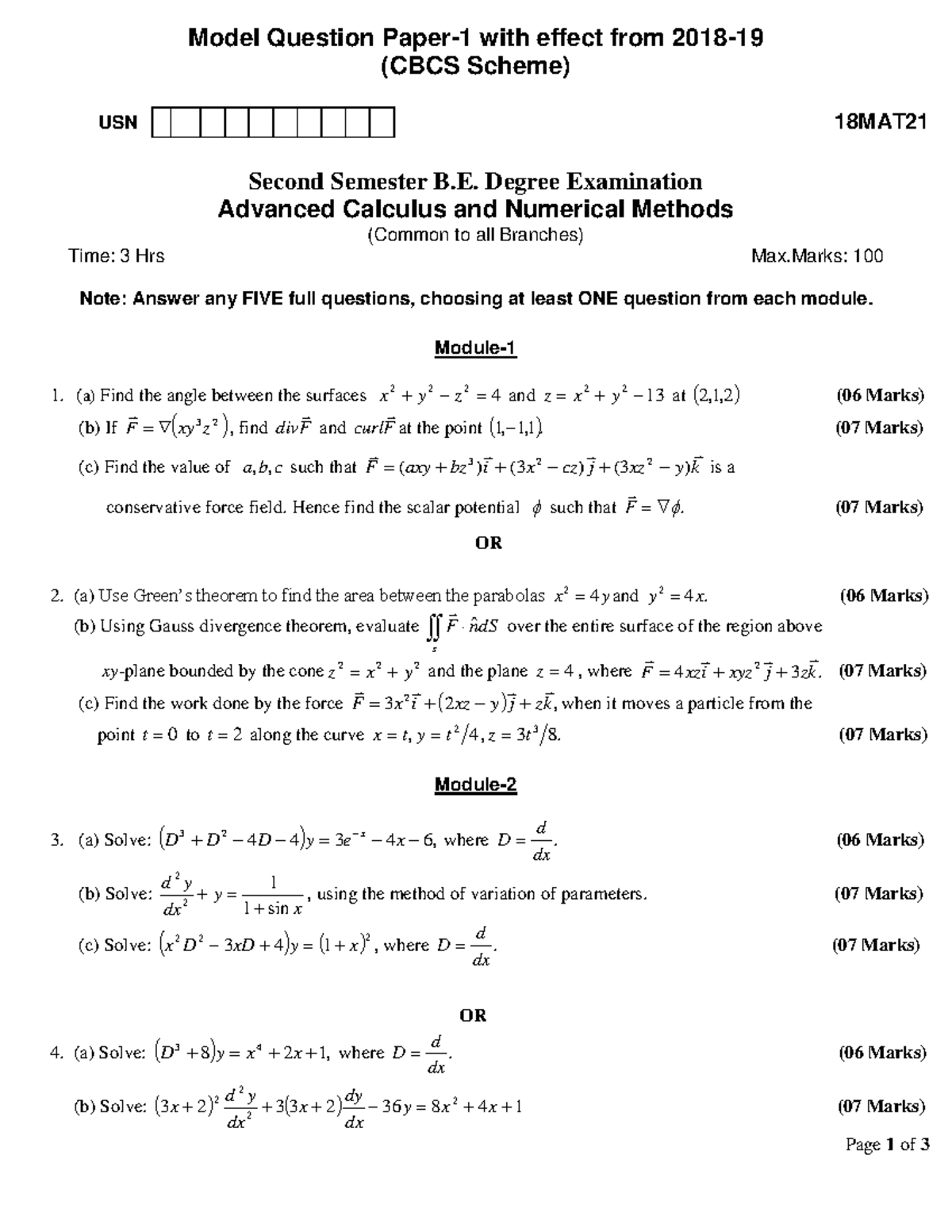 Maths mqp 1 - it is a model question paper of 2018 scheme - Page 1 of 3 ...