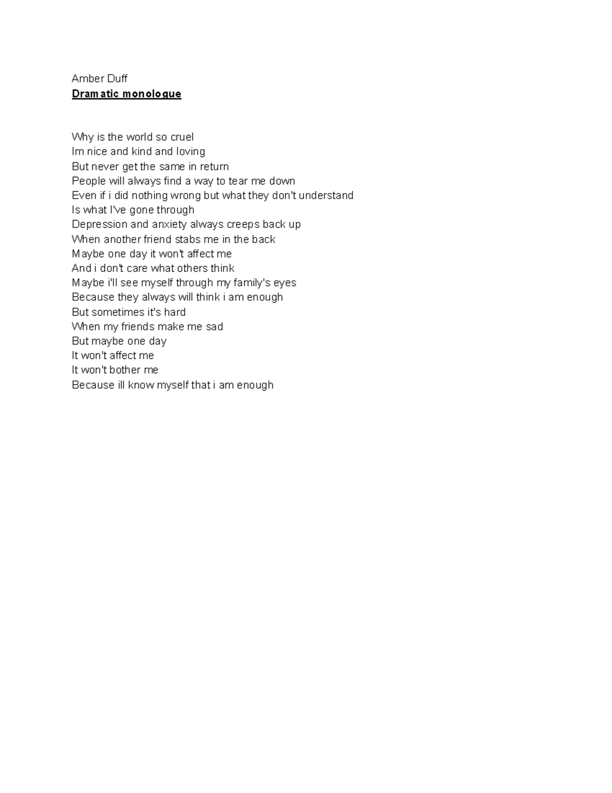 poem for poetry - Amber Duff Dramatic monologue Why is the world so ...