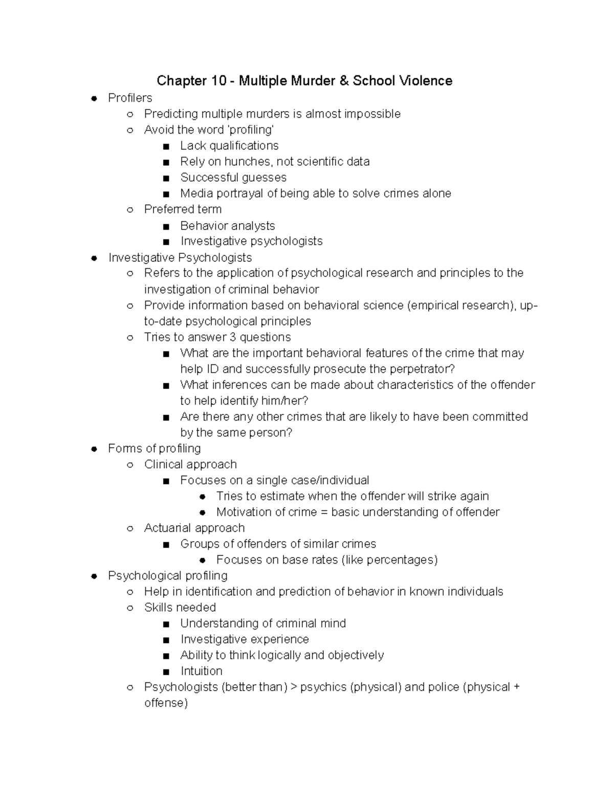Chapter 10 - Multiple Murder & School Violence Lecture Notes - Chapter ...