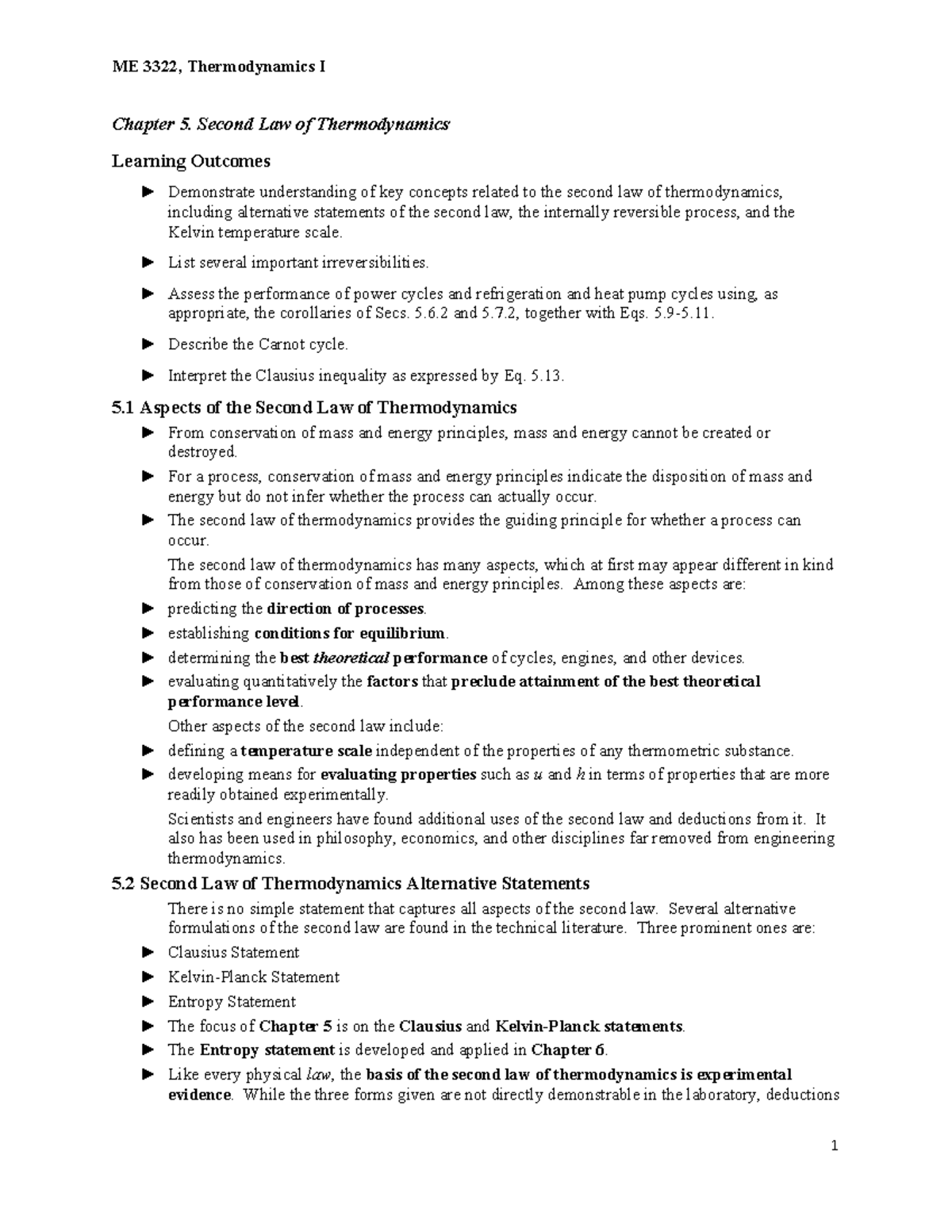 Chapter 5 Summary - ME 3322, Thermodynamics I Chapter 5. Second Law of ...
