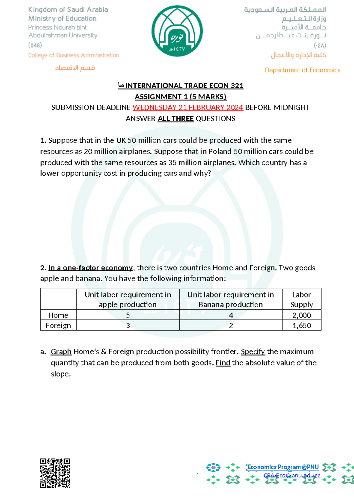 Assignment 1 2024 - ما INTERNATIONAL TRADE ECON 321 ASSIGNMENT 1 (5 ...