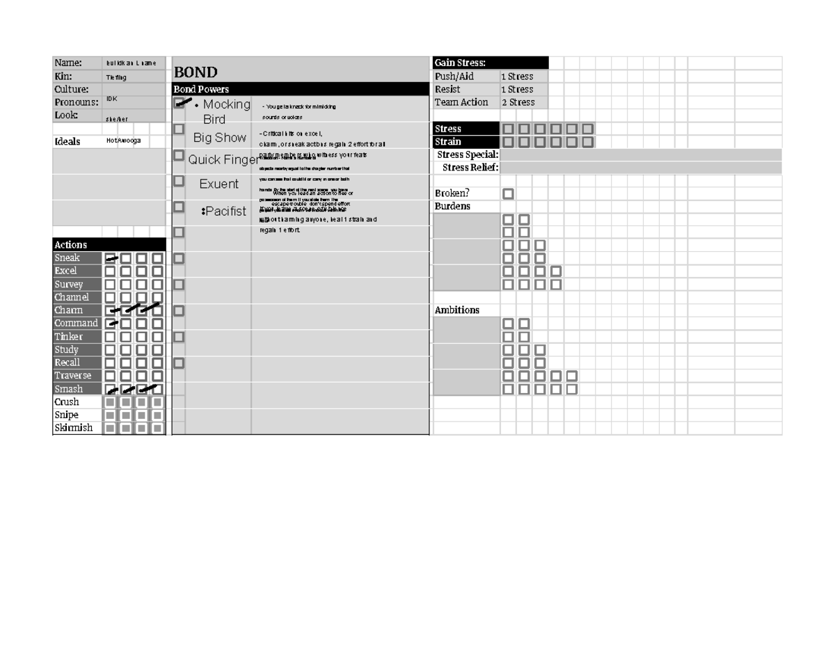 Icon Character Sheet - Bond - Name: BOND Gain Stress: Kin: Push/Aid 1 ...