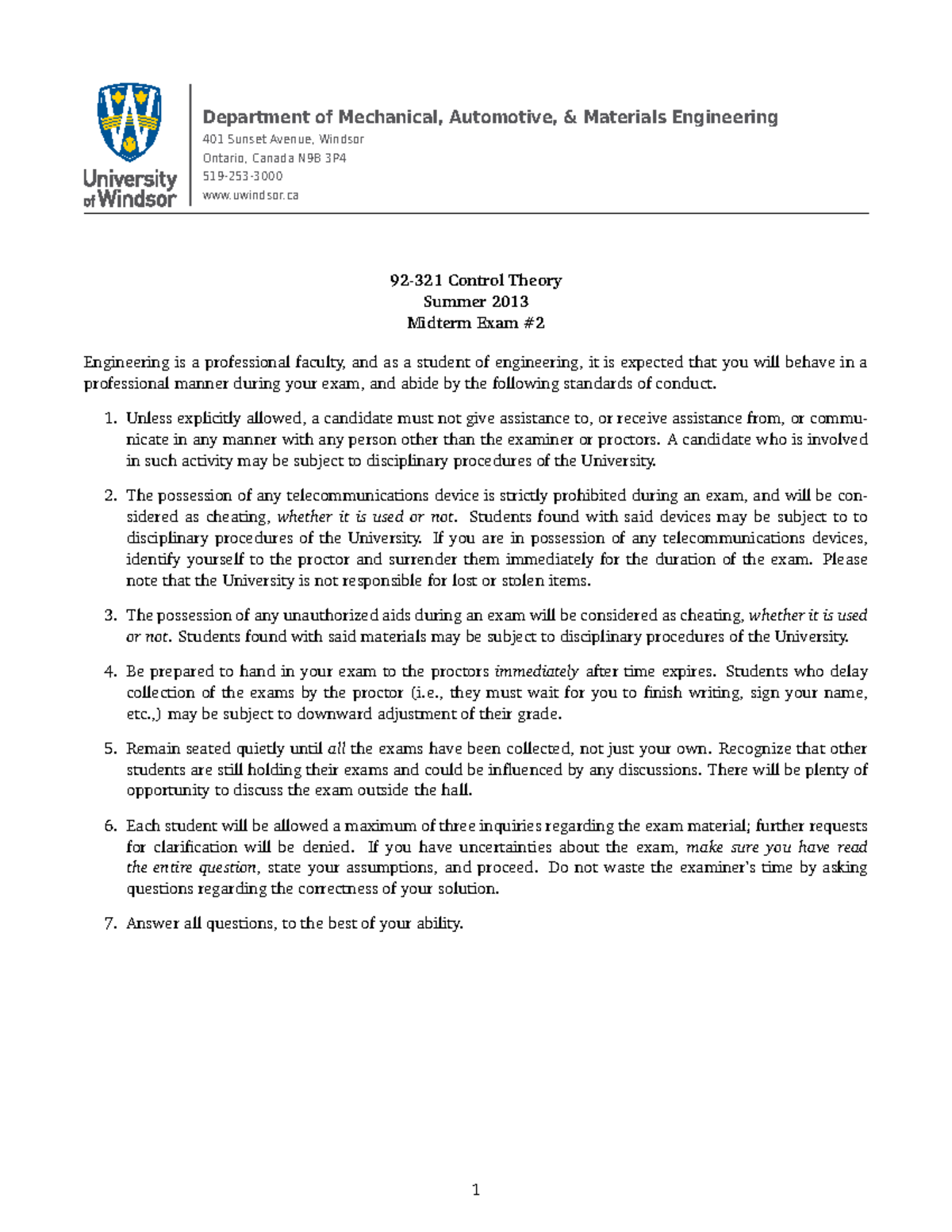 Midterm Exam 2015 - 401 Sunset Avenue, Windsor Ontario, Canada N9B 3P 519-253- uwindsor 92-321 ...