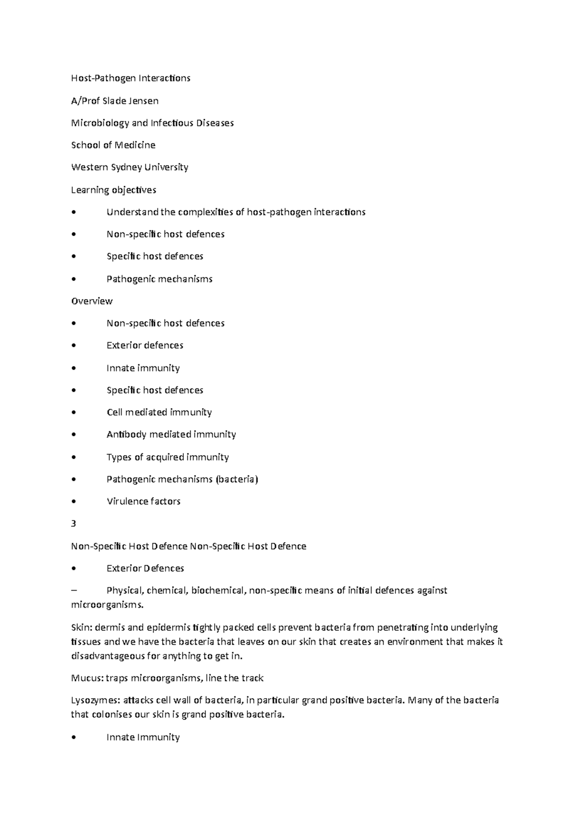 Host - Summarised Notes - Host-Pathogen Interactions A/Prof Slade ...