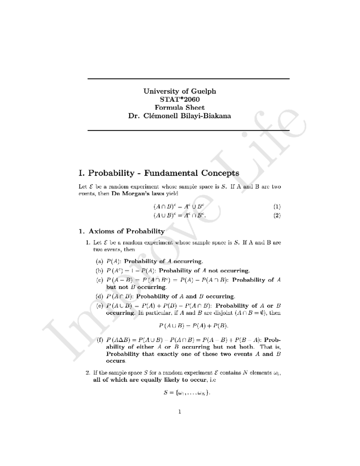 W24 Formula Sheet 1 - STAT 2060 (01) W24 - Stats for Business Decisions - Stat 351 - Studocu