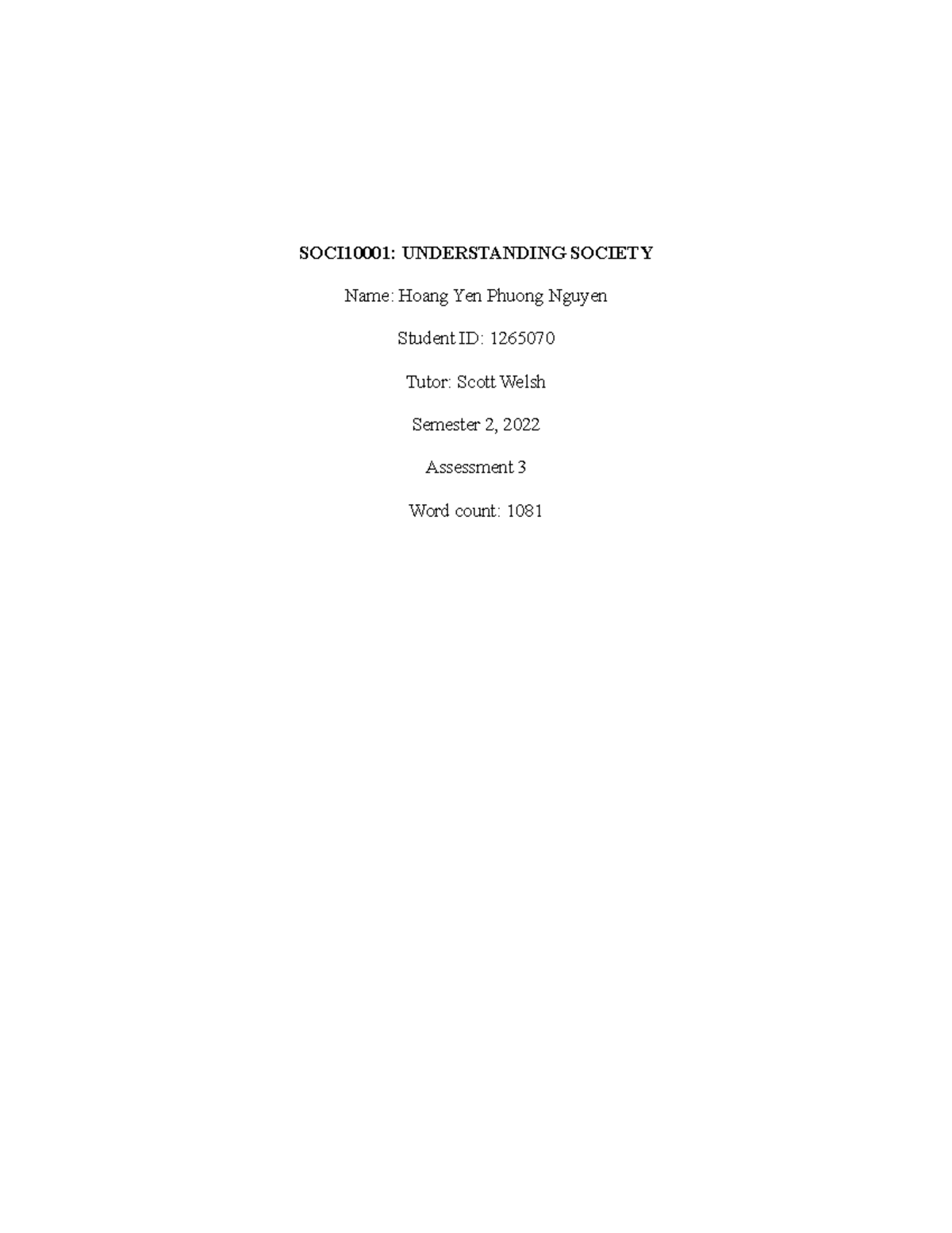 SOCI10001- Finals - sociology final assessment - SOCI10001 ...