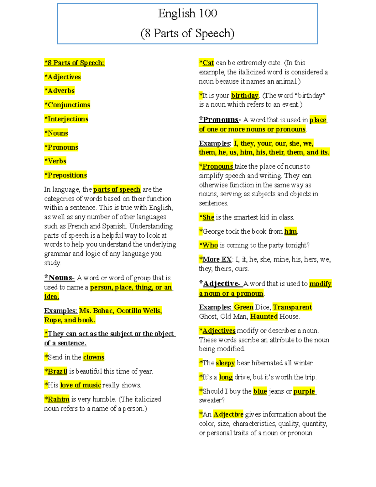 English 100 Notes (8 Parts of Speech) - *8 Parts of Speech: *Adjectives ...