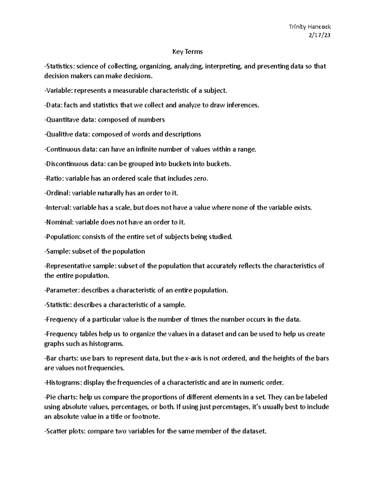 Notes for Introduction to Statistics - Trinity Hancock 2/17/ Key Terms ...