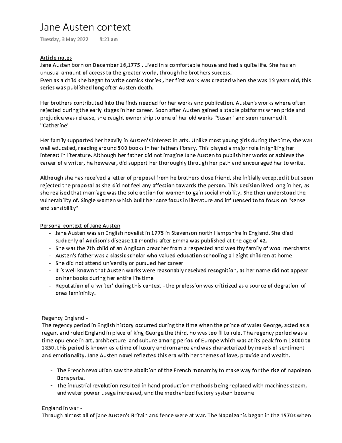 English - Article notes Jane Austen born on December 16,1775. Lived in ...