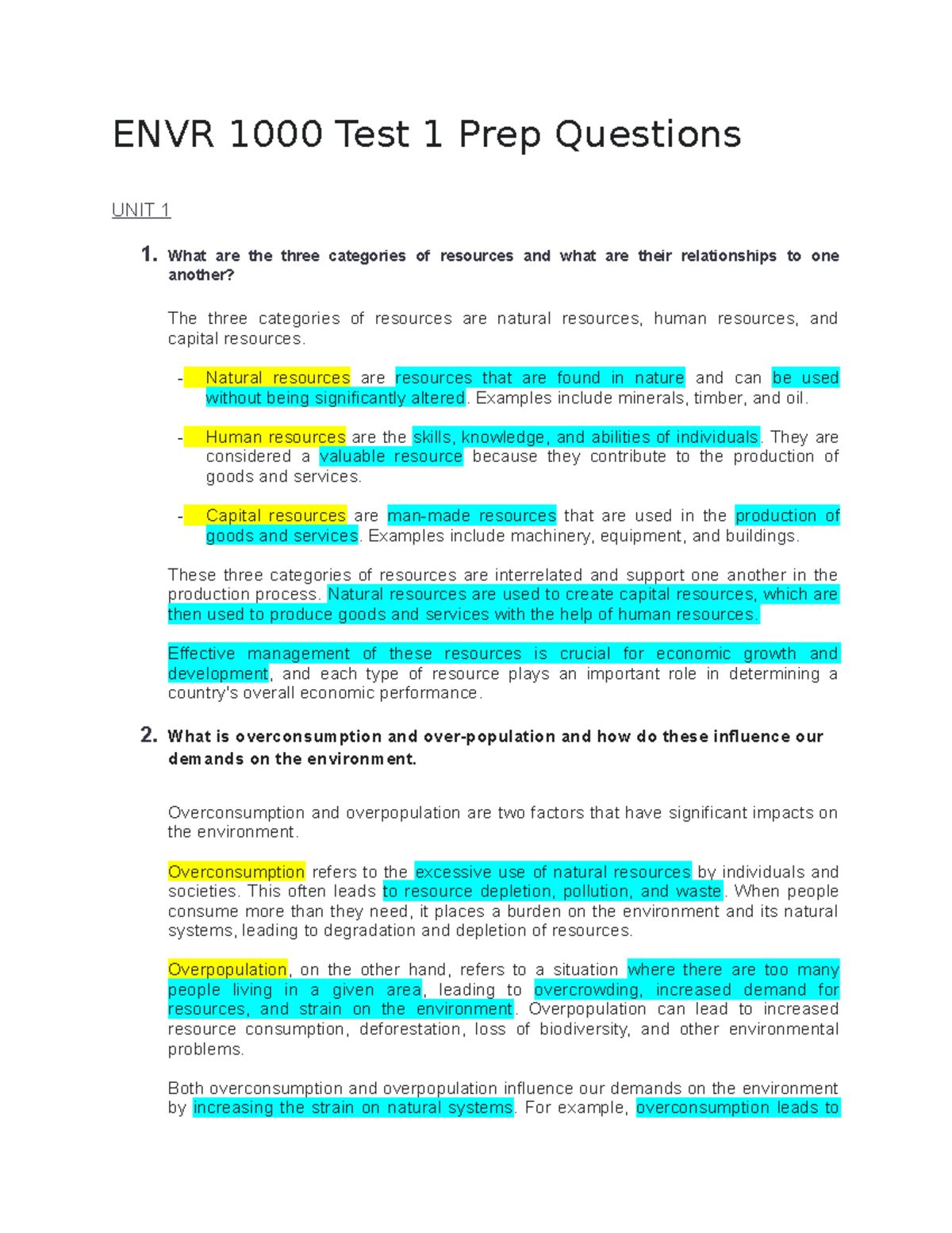 ENVR 1000 Test 1 Prep Questions - ENVR 1000 Test 1 Prep Questions UNIT ...