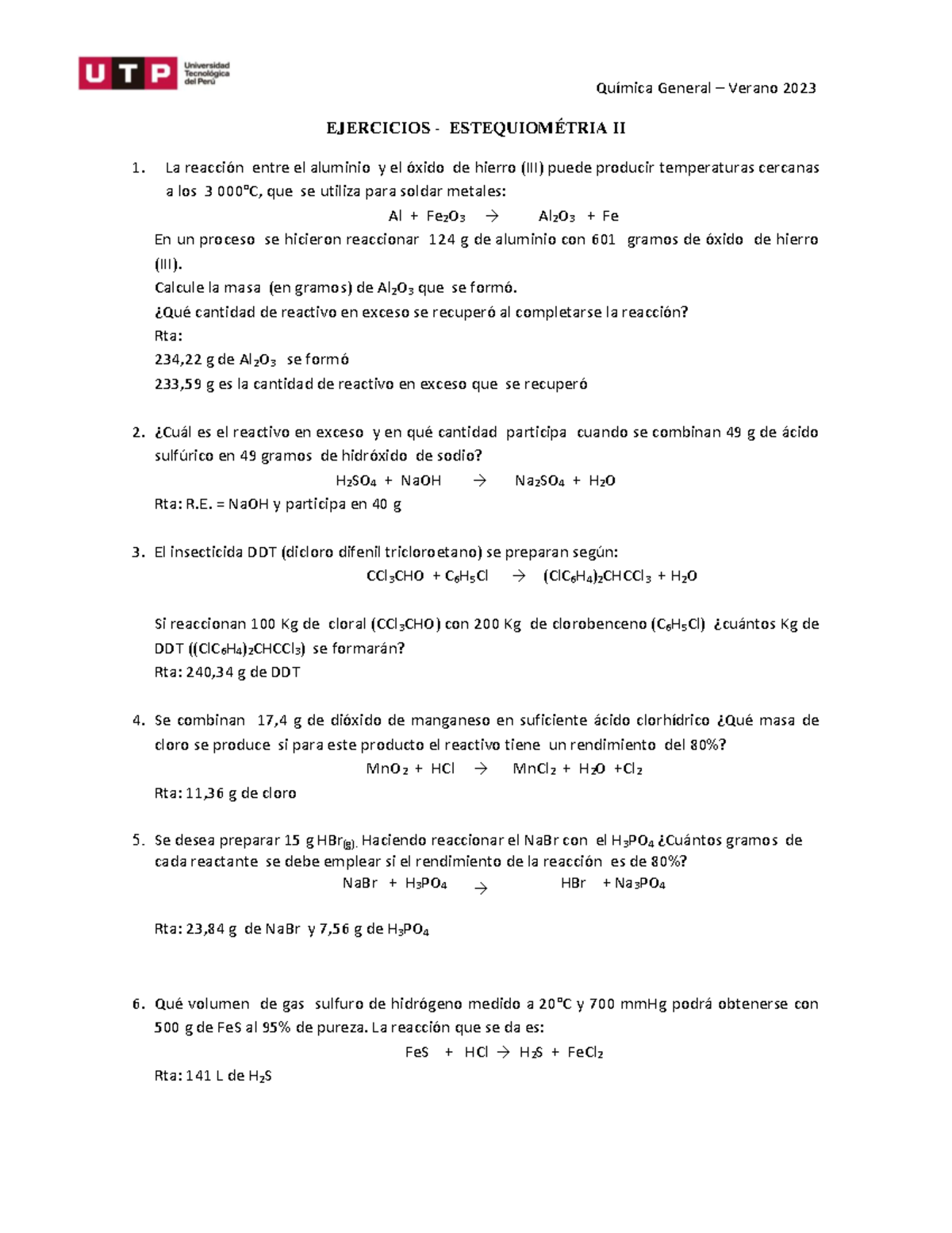 S13.s1 - Ejercicios - Estequimetria II - Química General – Verano 2023 ...