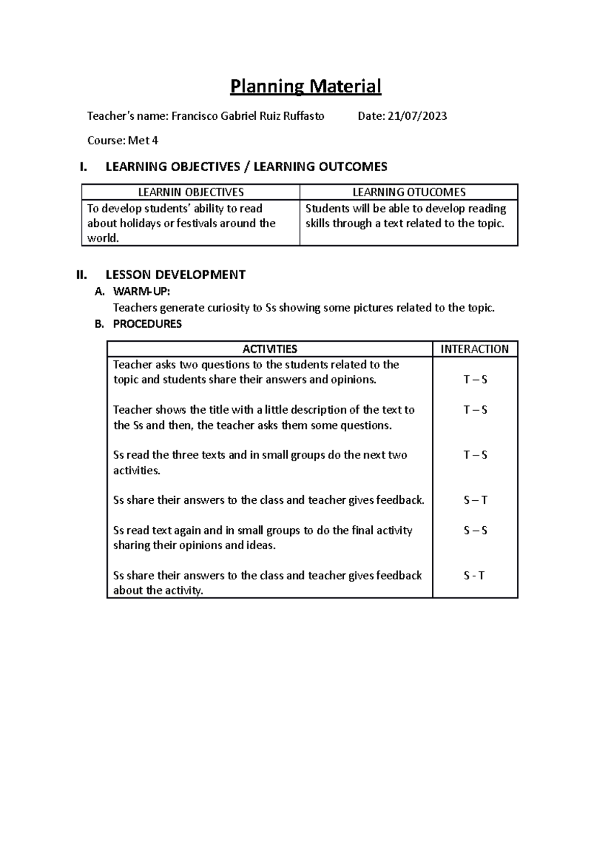 Lesson plan - Apuntes - Planning Material Teacher’s name: Francisco ...