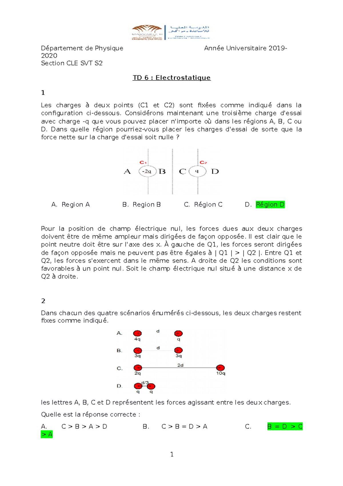SVT TD 6 Electrostatique Correcttion - Département de Physique Année Universitaire 2019- 2020 ...