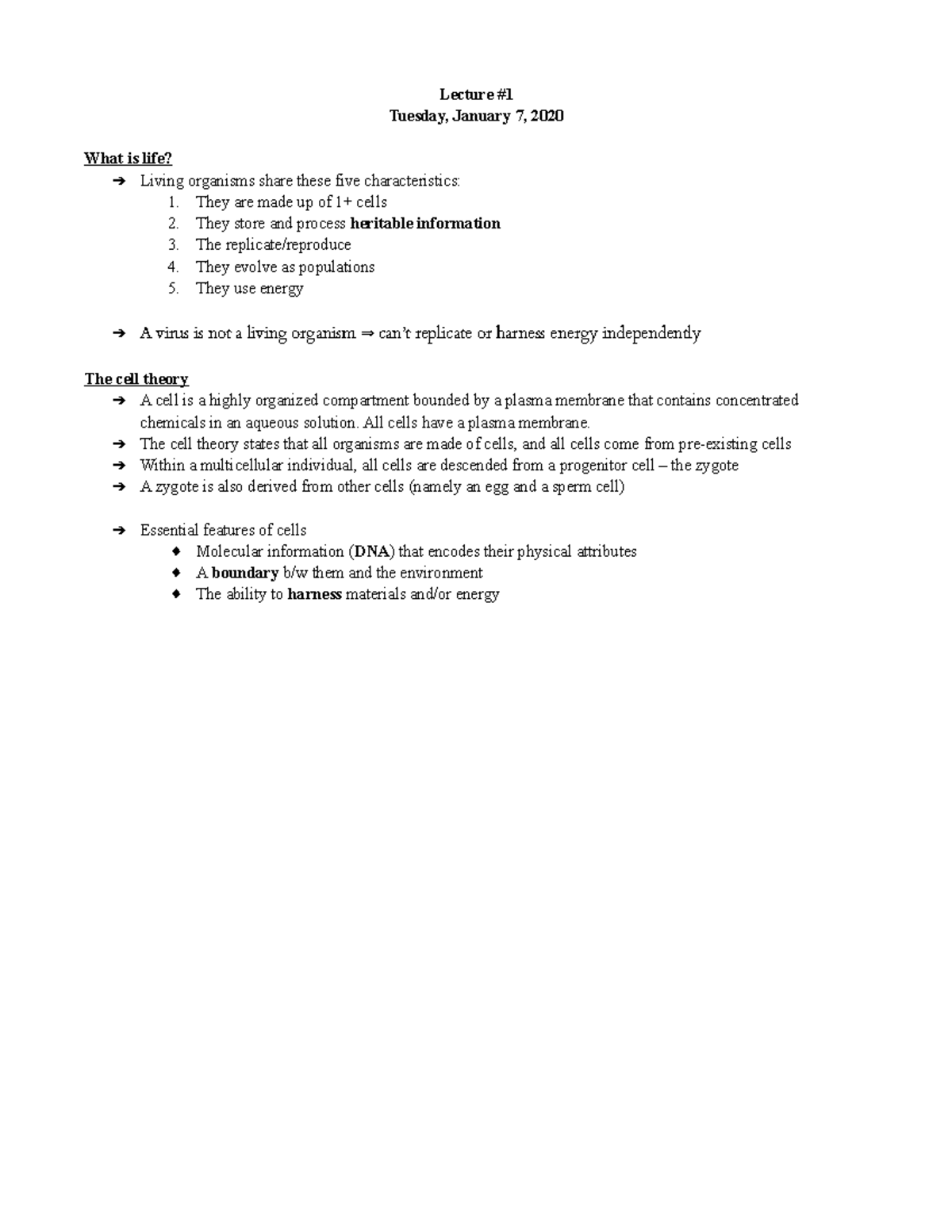 Lecture #1 - Notes - Lecture # Tuesday, January 7, 2020 What is life ...