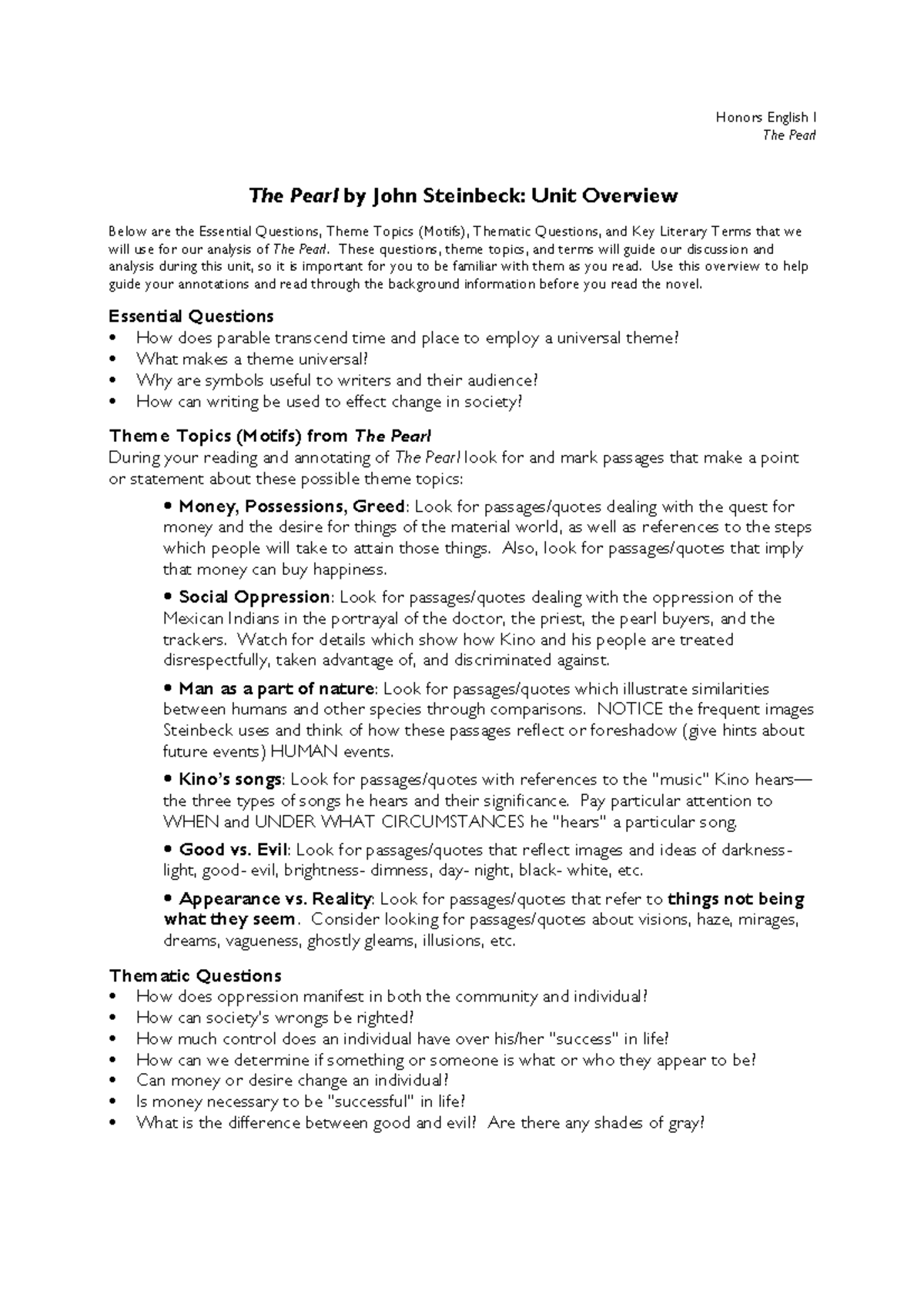 The Pearl Unit Lit Guide - - Studocu