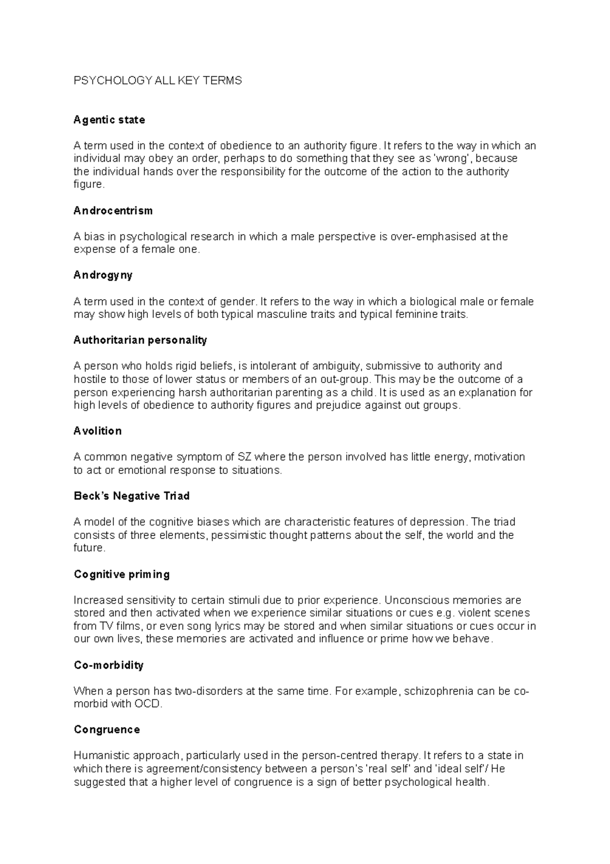 Psychology KEY Terms - PSYCHOLOGY ALL KEY TERMS Agentic state A term ...