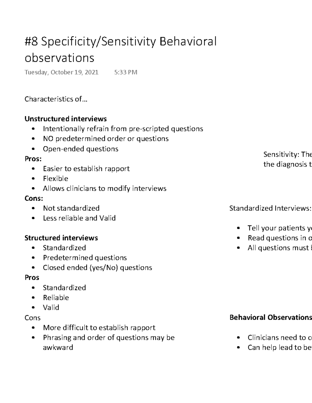 8 Specificity Sensitivity Behavioral observations - Characteristics of ...