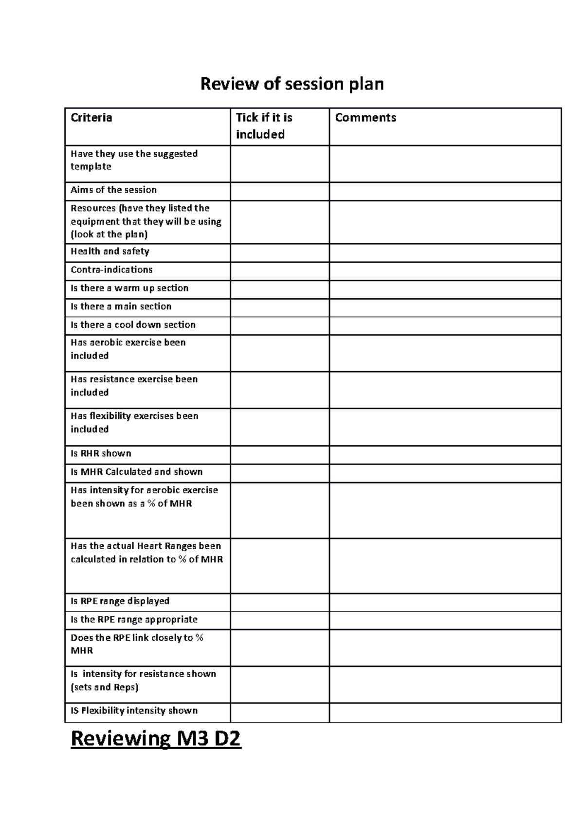 Review of session plan and m3d2 - Review of session plan Criteria Tick ...