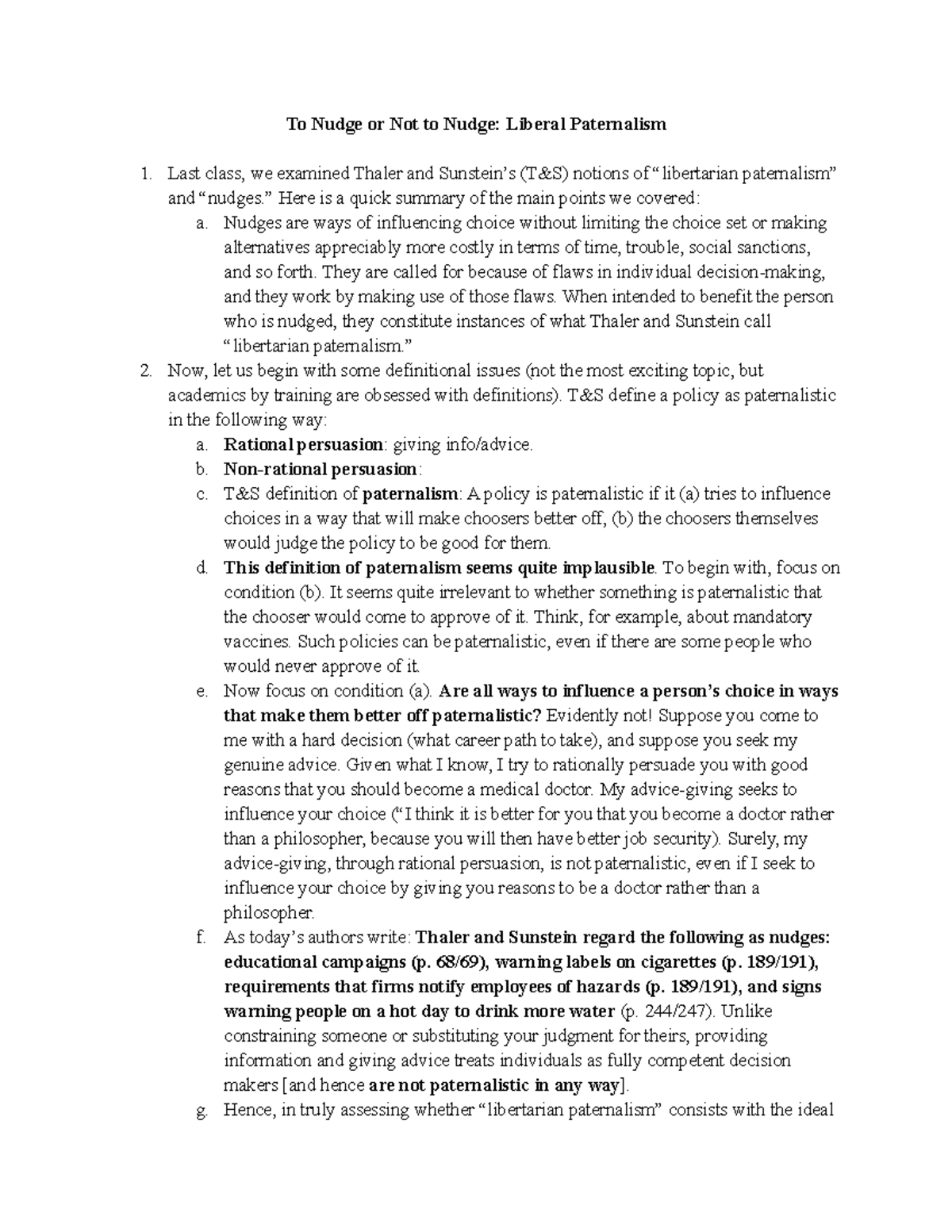 To Nudge or Not to Nudge Liberal Paternalism Handout - To Nudge or Not ...