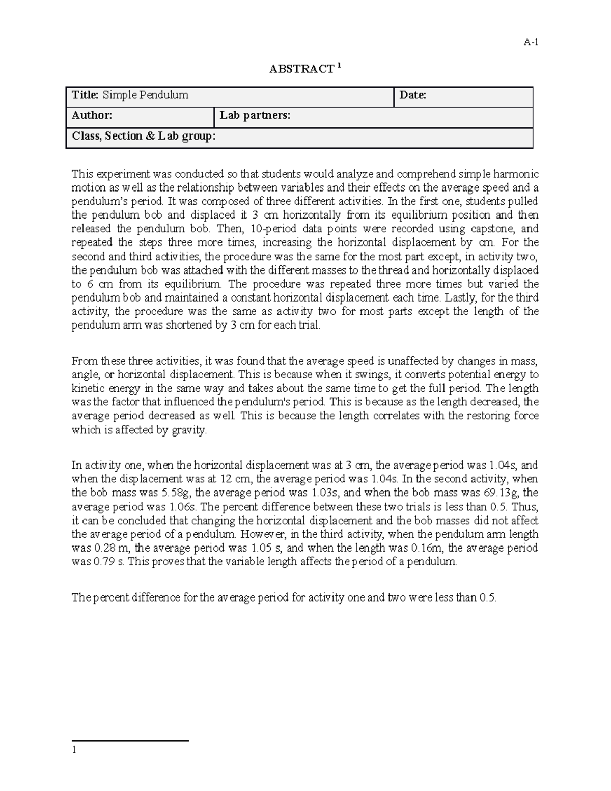 Pendulum Abstract - A- ABSTRACT 1 Title: Simple Pendulum Date: Author ...