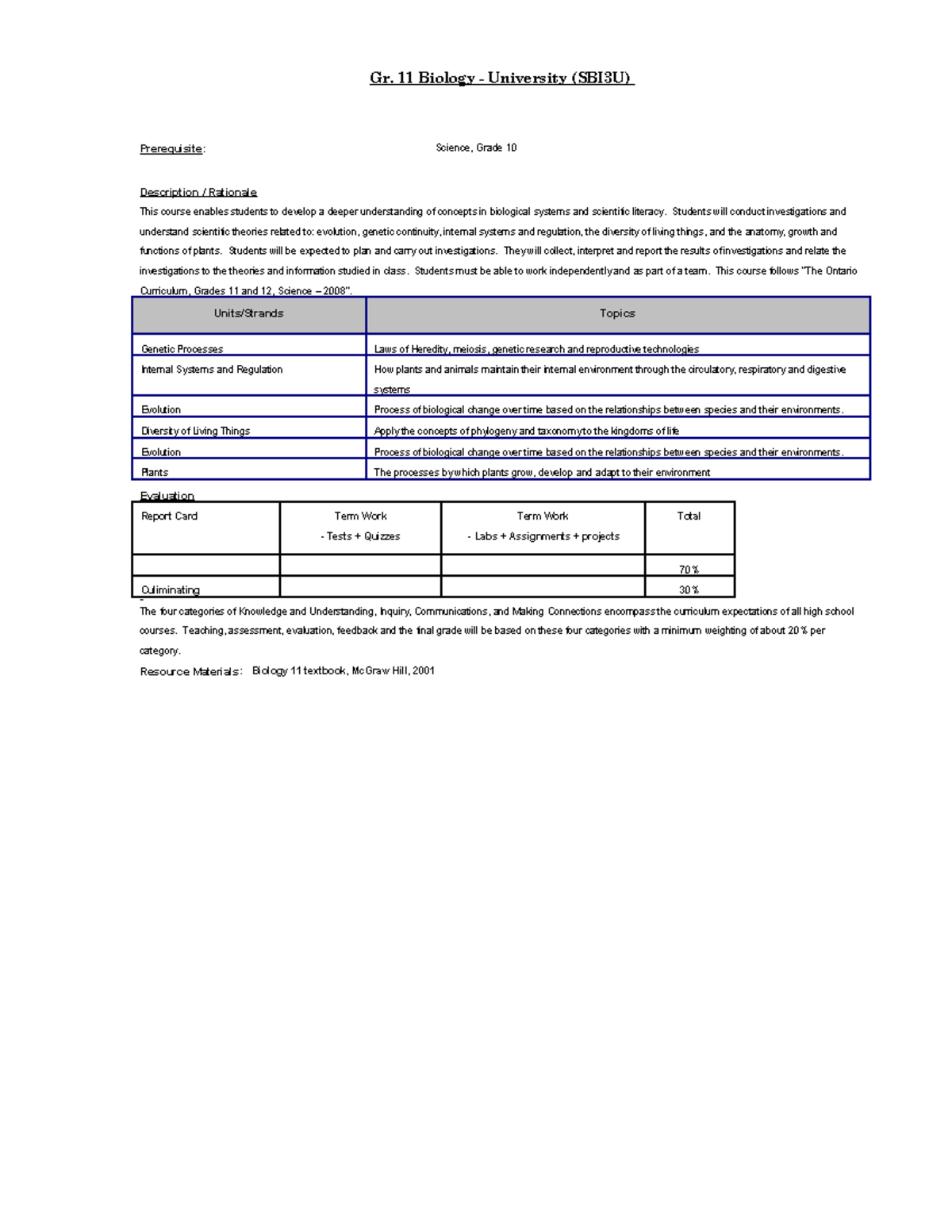 SBI3U Course Outline 2019-20 - Gr. 11 Biology - University (SBI3U ...