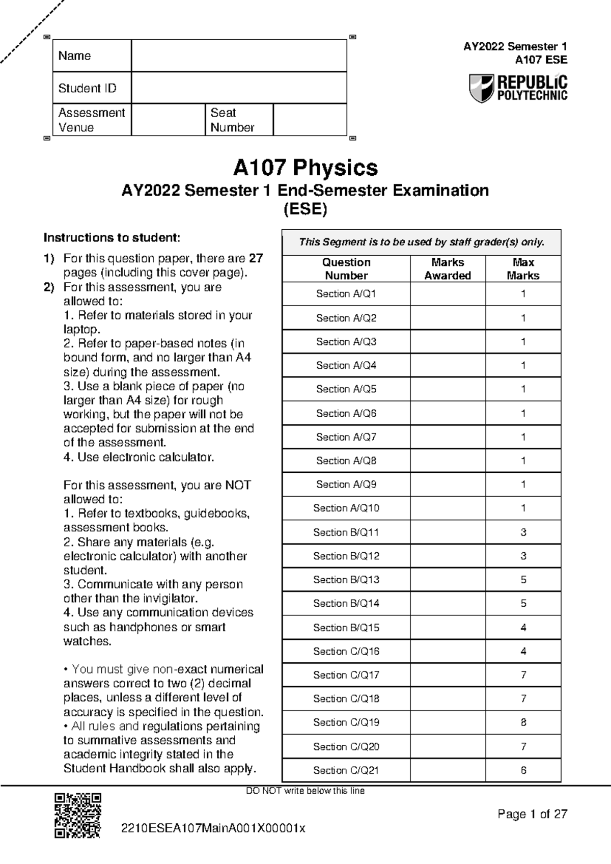 AY 2022 Sem 1 A107 ESE - ESE FOR 2022 - Name A107 ESE Student ID ...