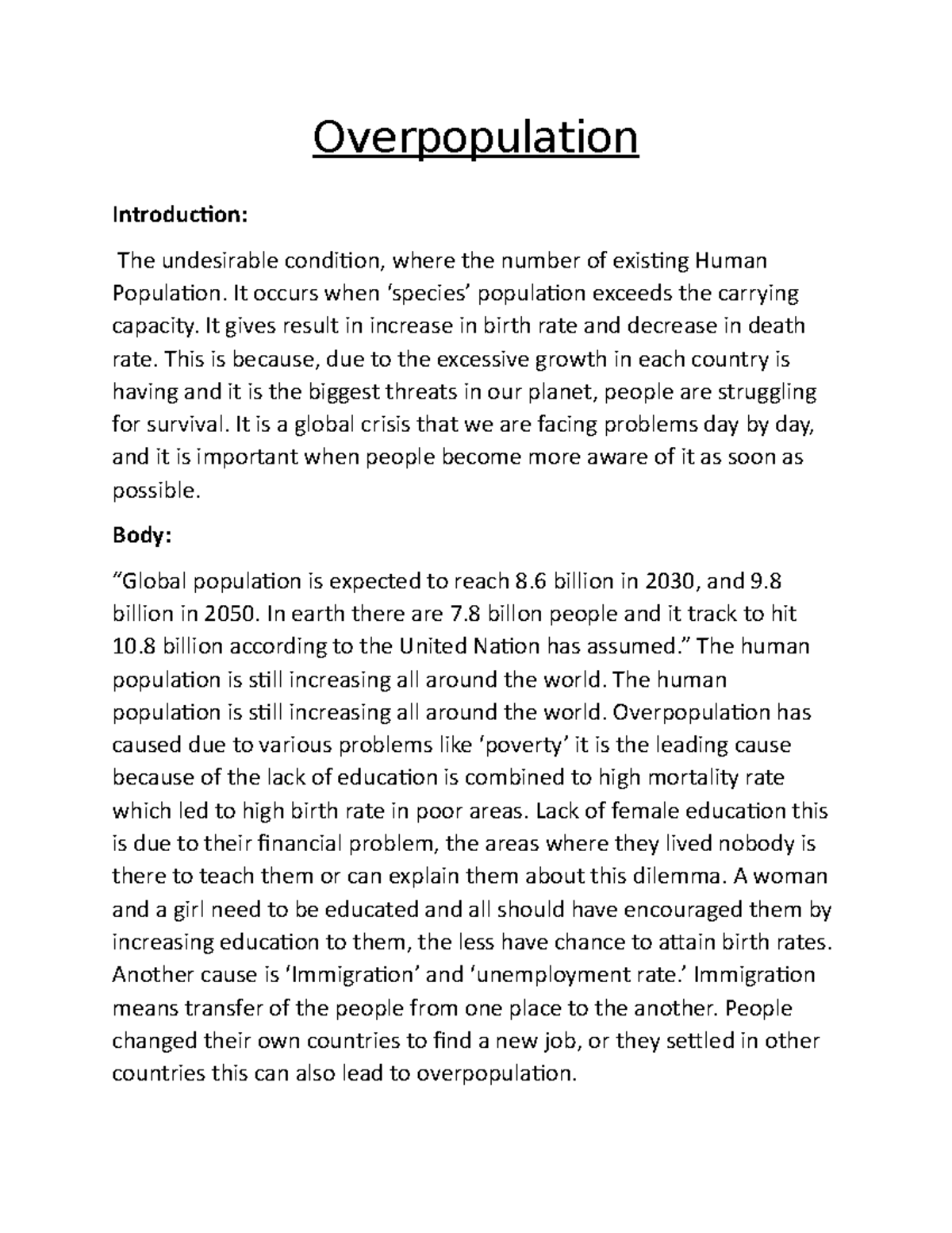 Overpopulation - Class Notes - Overpopulation Introduction: The ...