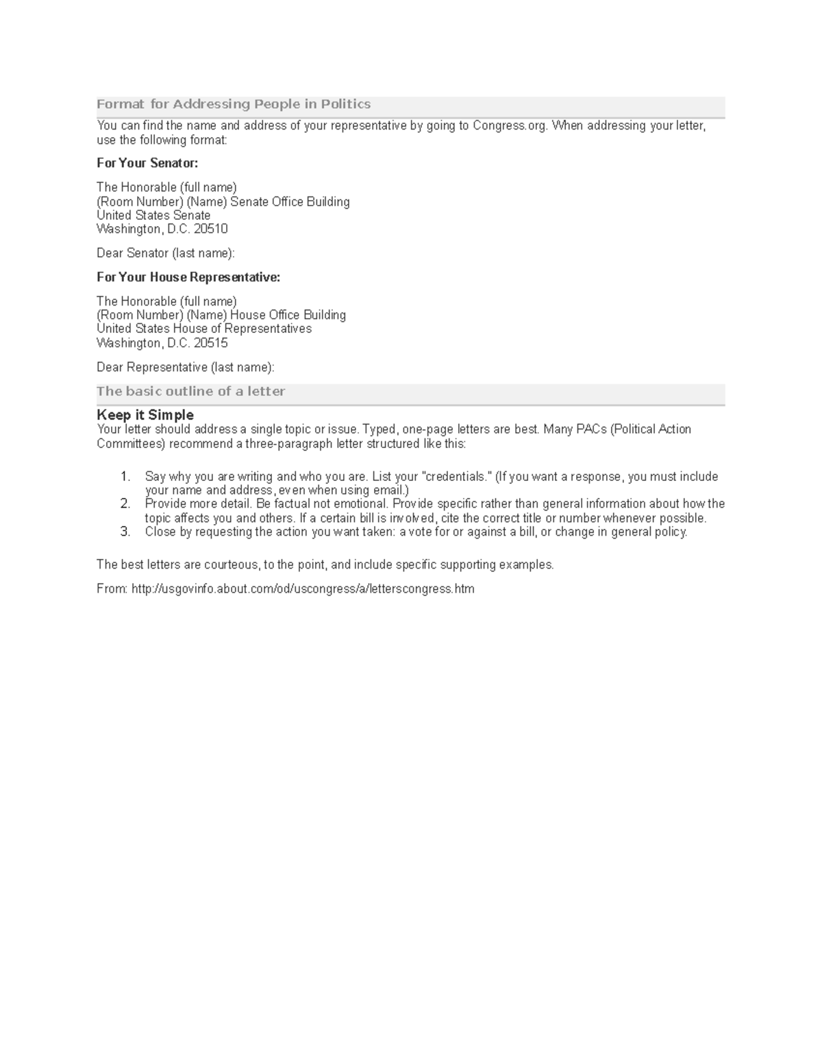 Format for Addressing People in Politics - Format for Addressing People ...