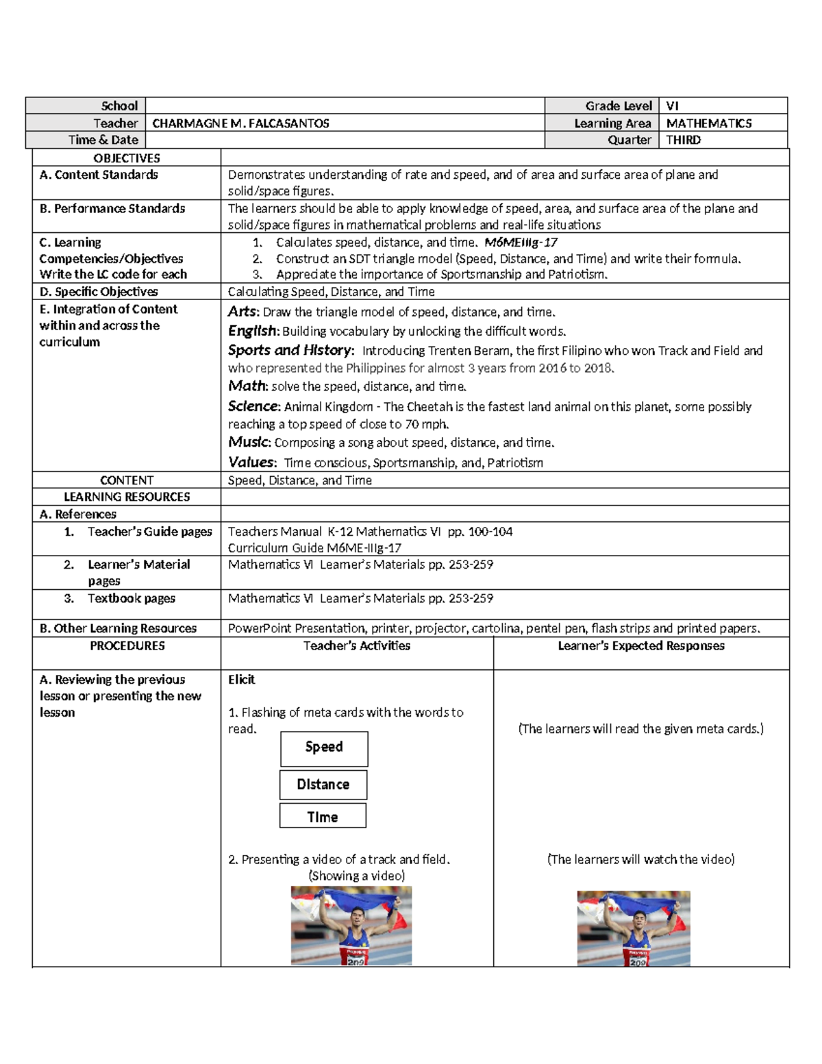 DLP- Math 6 (Q3) Speed,distance,and time - School Grade Level VI ...