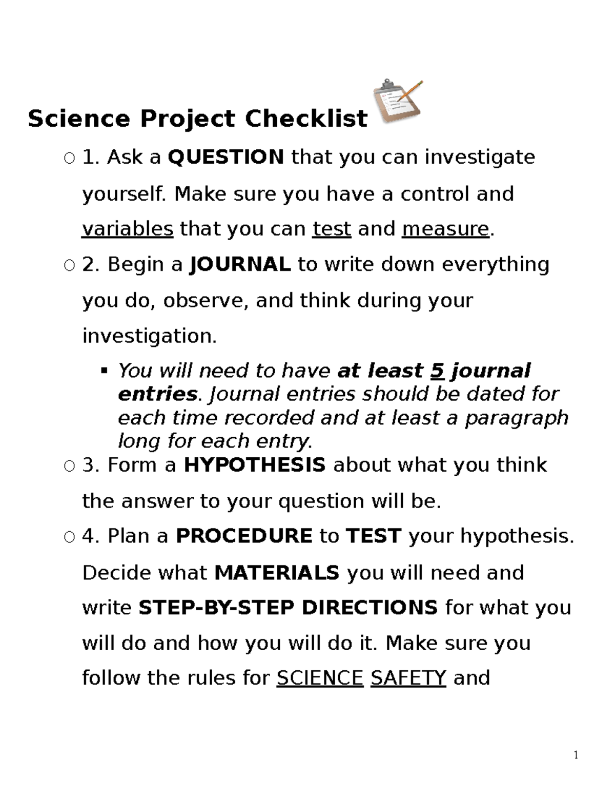 Science Fair Handbook Science Project Checklist O 1 Ask A QUESTION