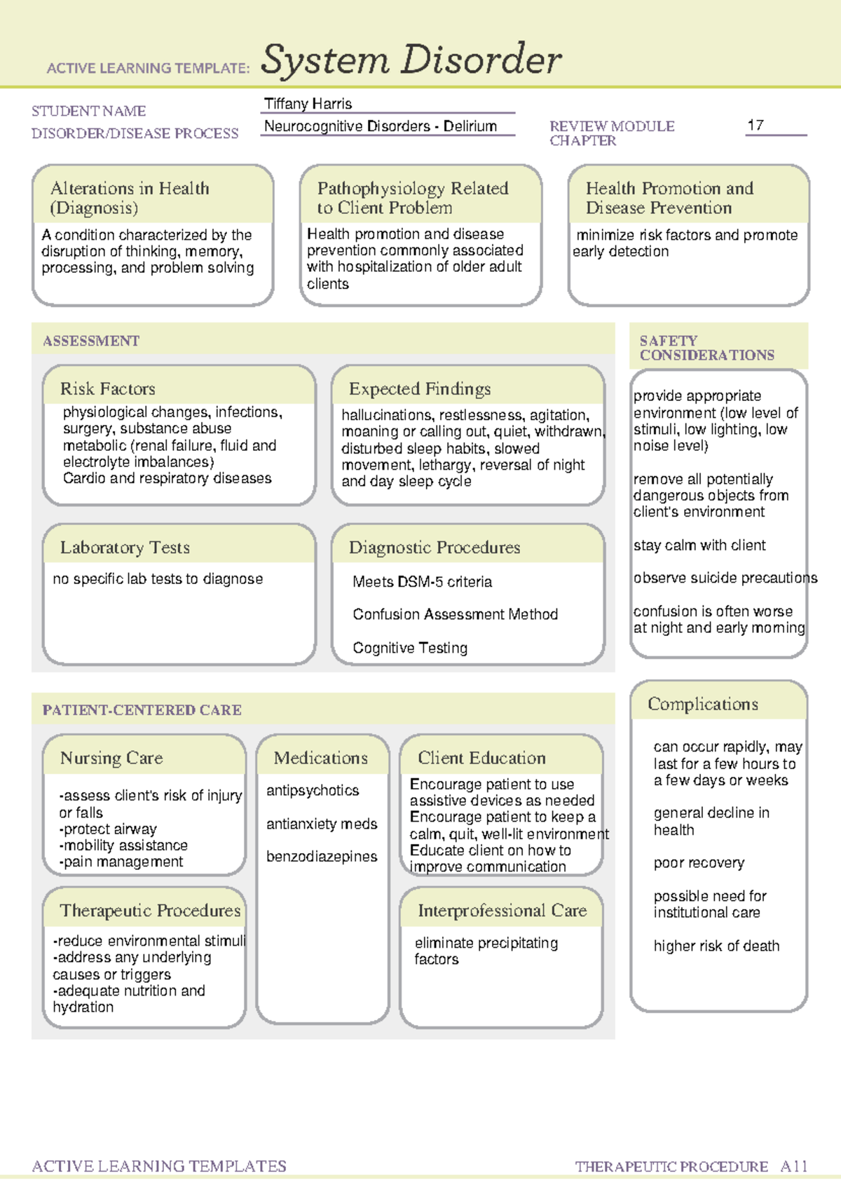 ATI Template for Neurocognitive Disorders - Delirium - NUR 205 ...