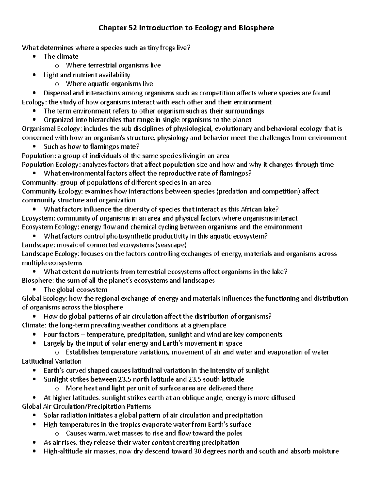 Chapter 52 Introduction to Ecology and Biosphere - Chapter 52 ...