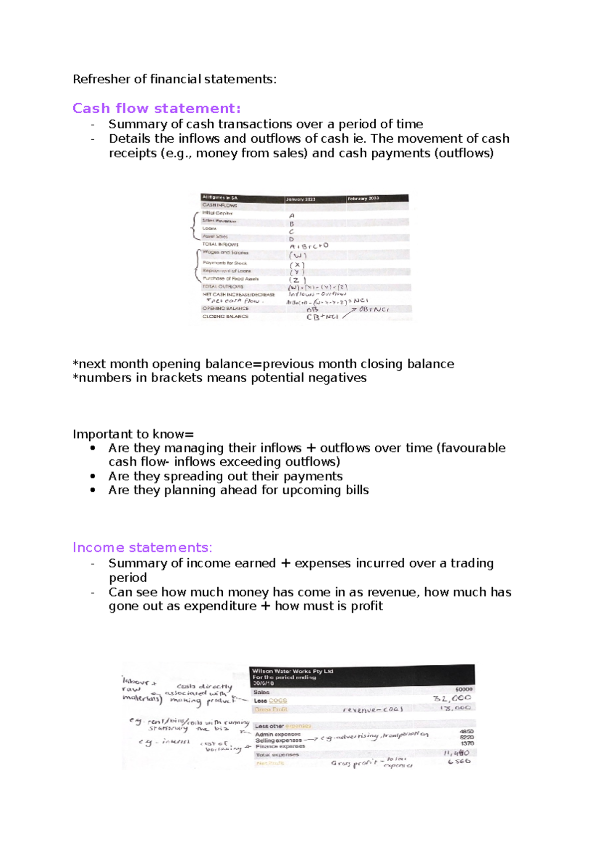 Extra notes- financial statements - Refresher of financial statements ...