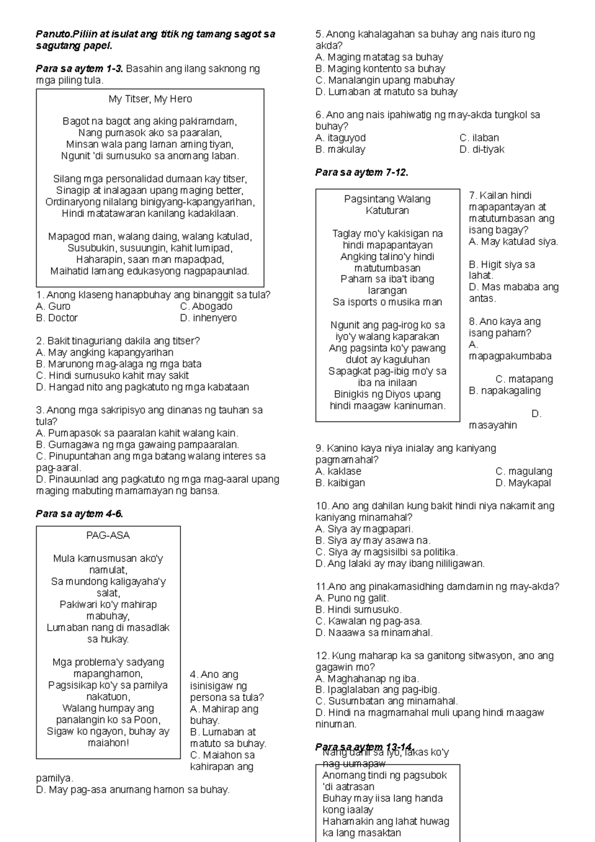 Tula g9 quiz - quiz - Panuto at isulat ang titik ng tamang sagot sa sagutang papel. Para sa ...