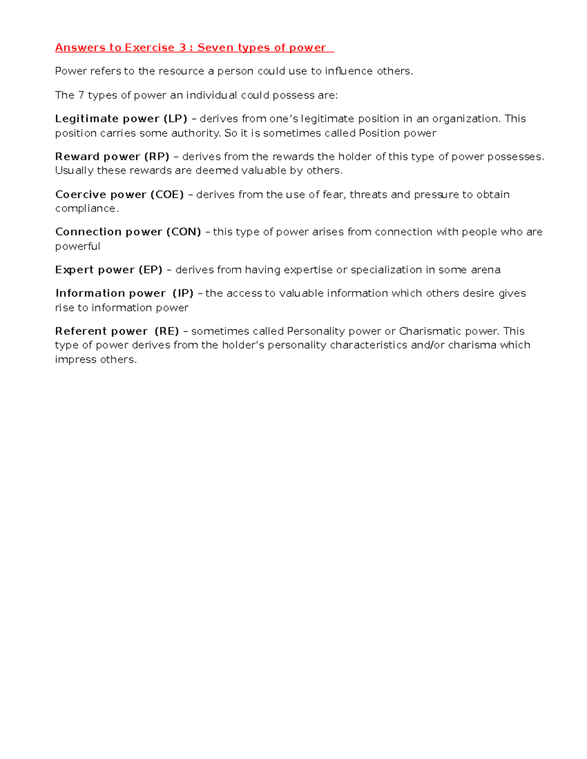 Answers to Lesson 7 Ex 3 Types of Power - Answers to Exercise 3 : Seven ...