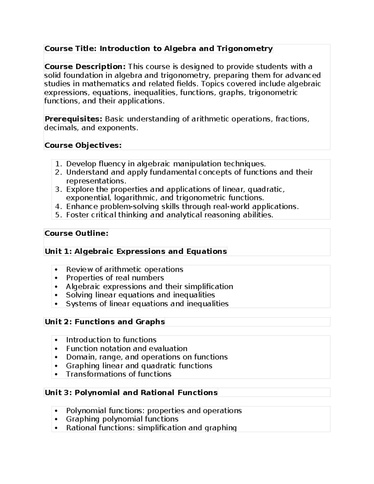 Algebra & Trig Syllabus - Course Title: Introduction to Algebra and ...