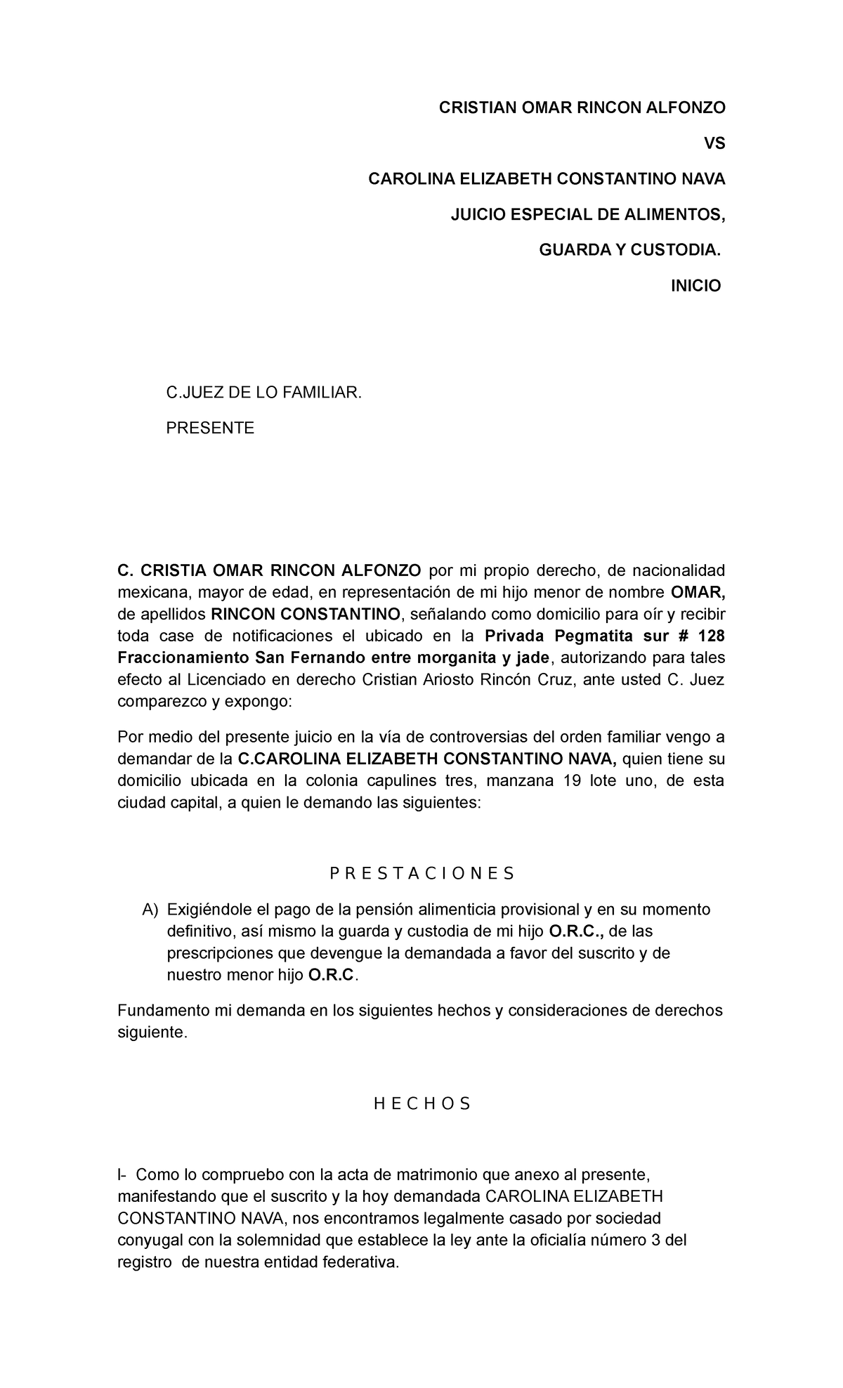 Demanda Guarda Custodia Alimentos - CRISTIAN OMAR RINCON ALFONZO VS ...