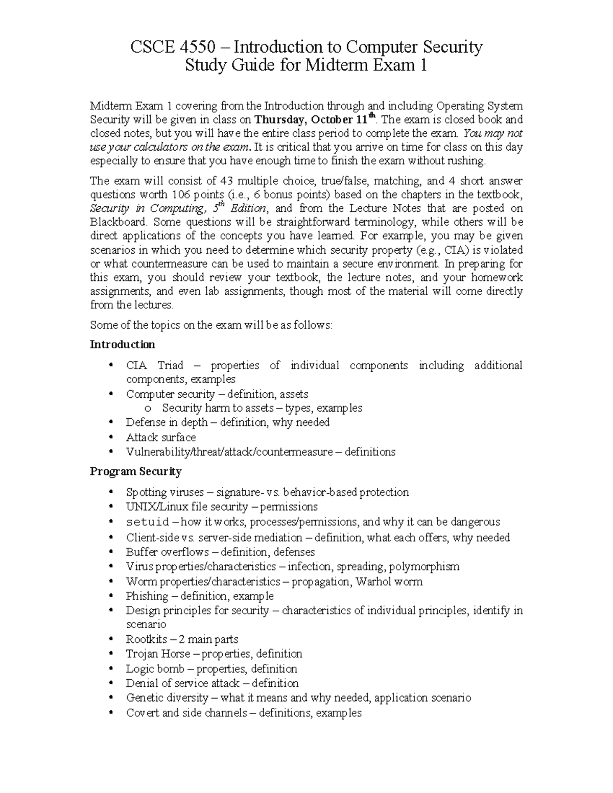 Csce4550Exam1Study Guide FA18 - CSCE 4550 – Introduction to Computer Security Study Guide for ...