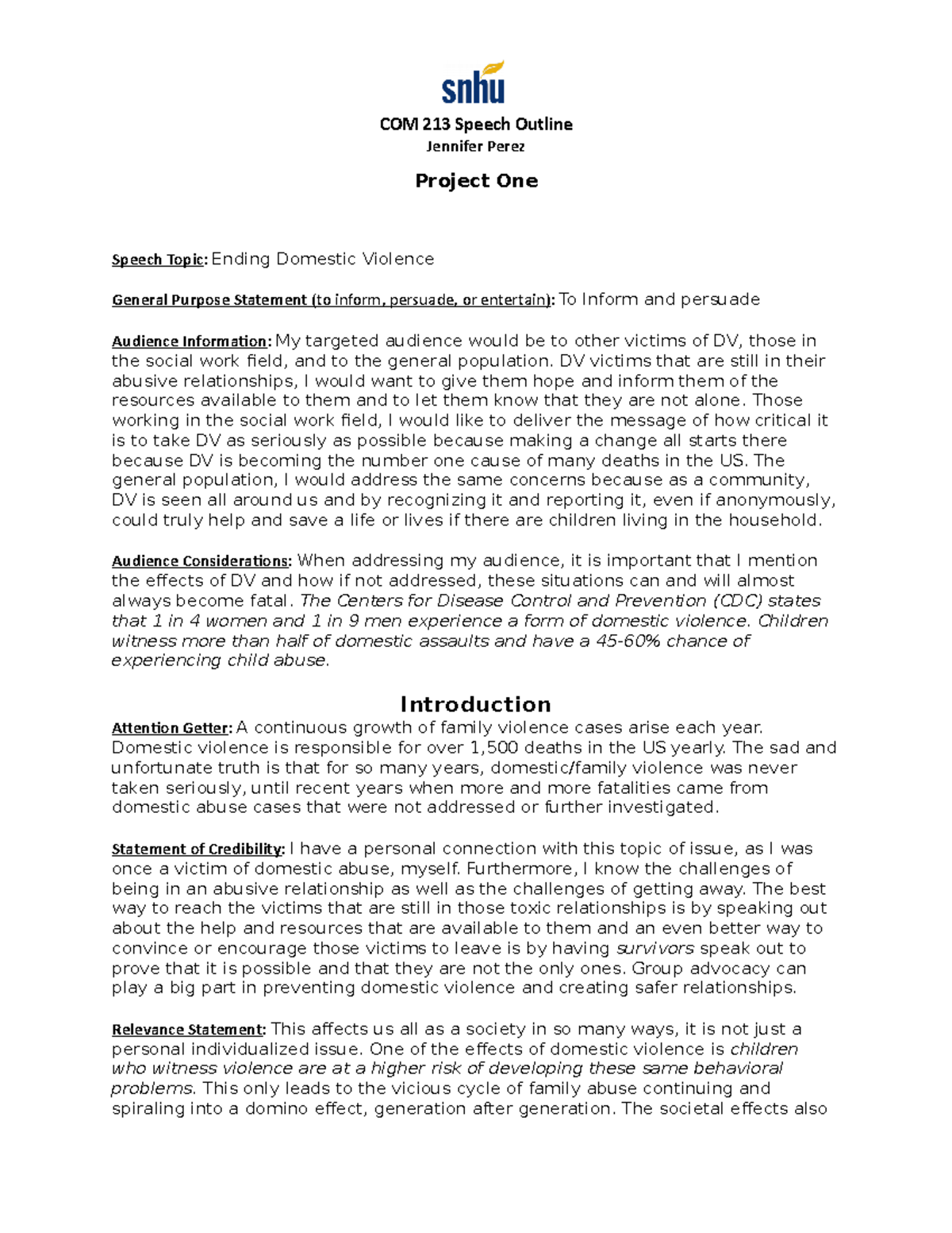 COM 213 Project One - COM 213 Speech Outline Jennifer Perez Project One ...