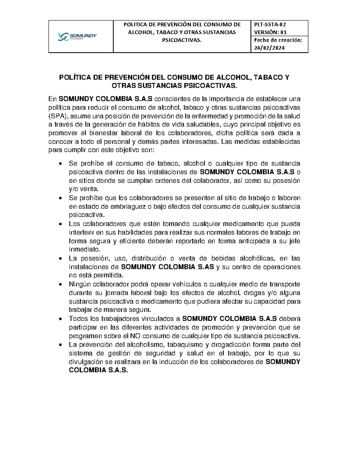 PLT-SST-002 Política de prevención del consumo de alcohol, tabaco y otras sustancias ...