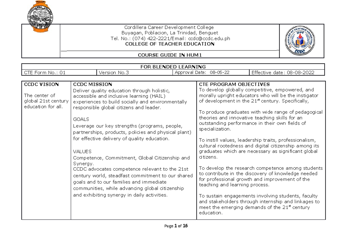HUM1 Course Guide - for reference only - Cordillera Career Development ...