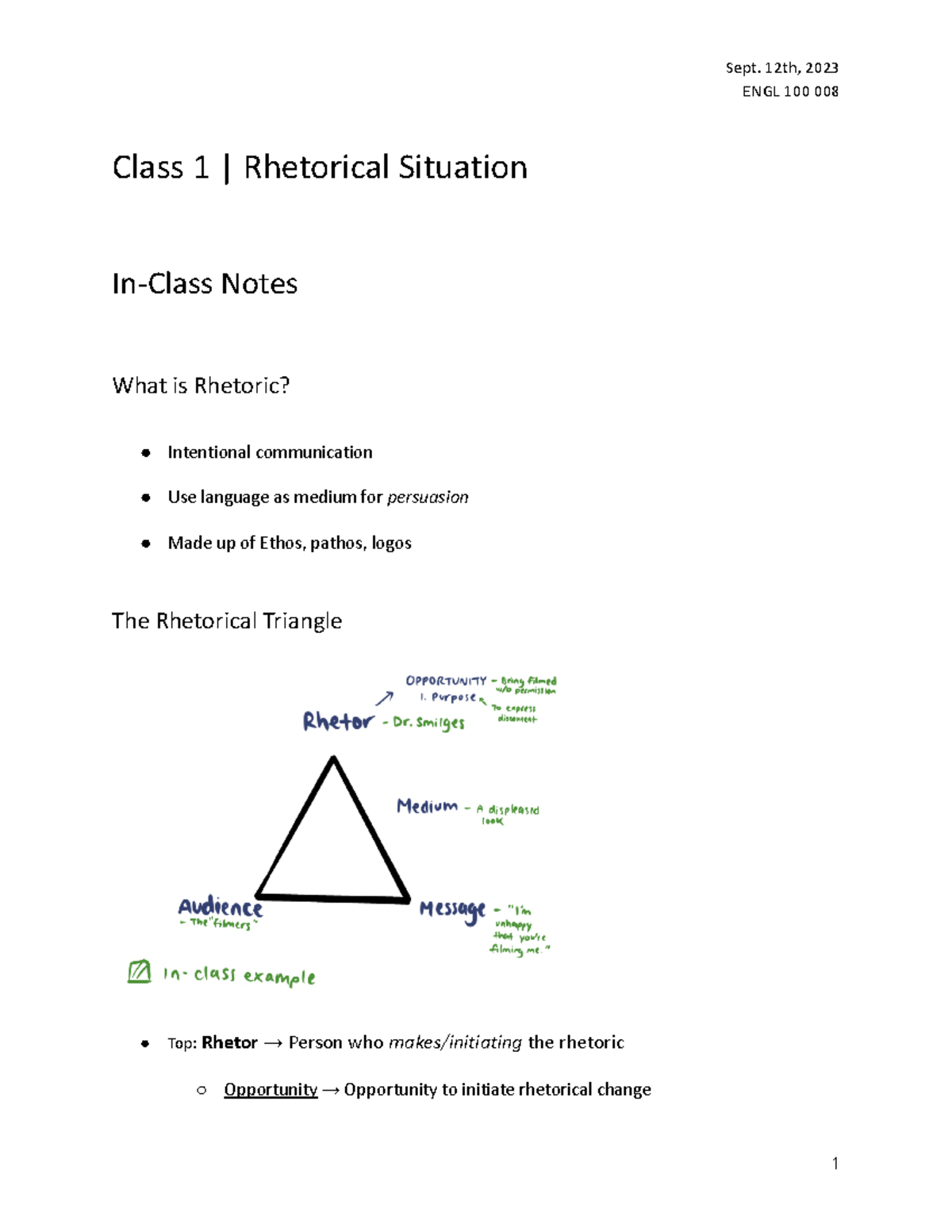 Class 1 Rhetorical Situation - Sept. 12th, 2023 ENGL 100 008 Class 1 ...