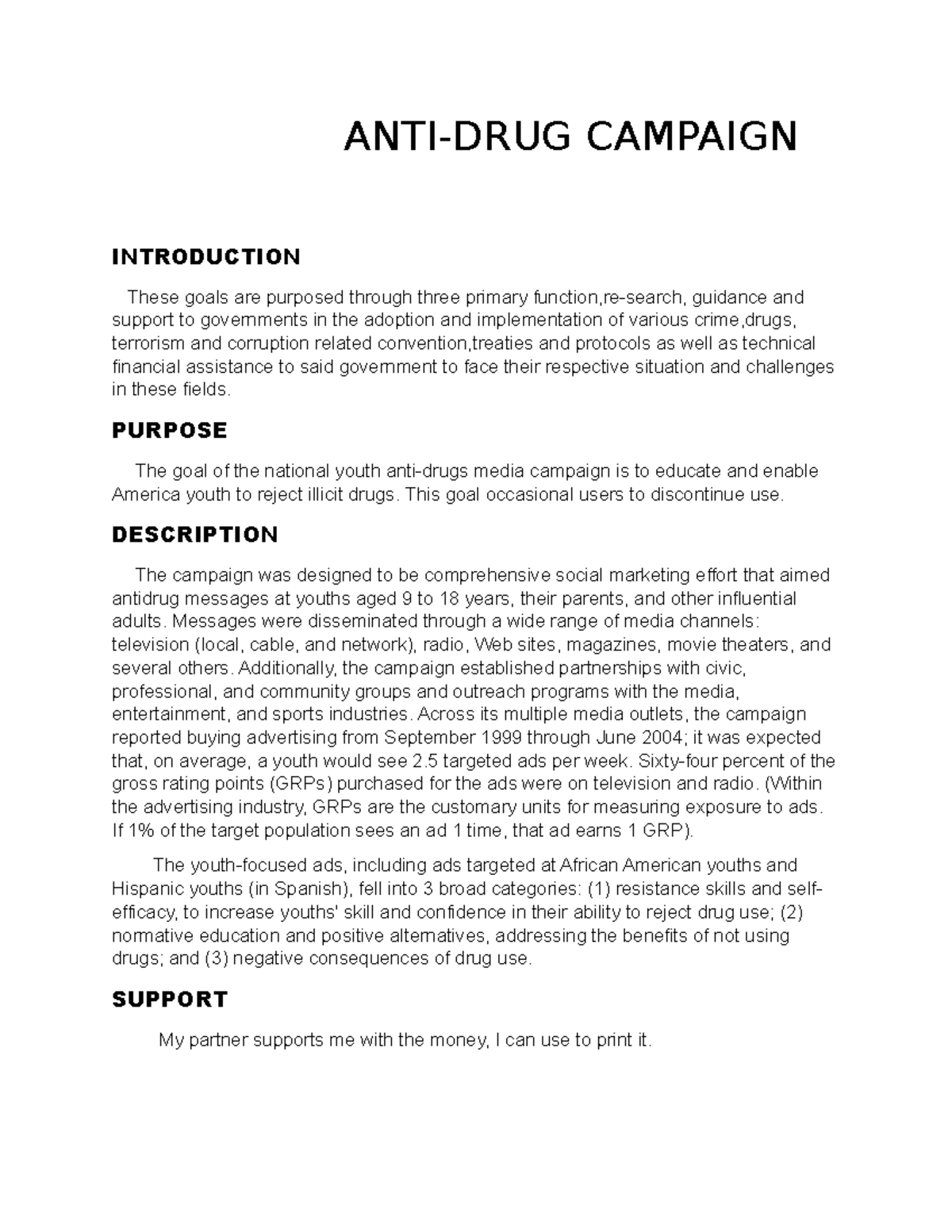 ANTI - Brief summary of Anti - ANTI-DRUG CAMPAIGN INTRODUCTION These ...
