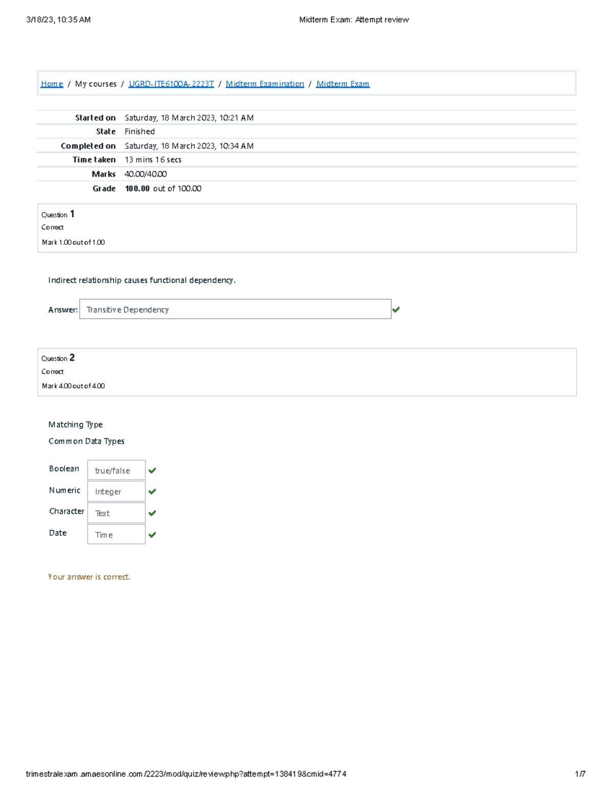 Midterm Exam Fundamentals Of Database - Home / My courses / UGRD-ITE6100A-2223T / Midterm - Studocu