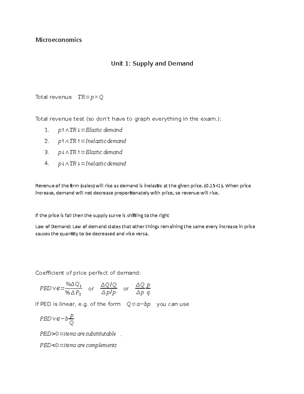 Microeconomics notes - Microeconomics Unit 1: Supply and Demand Total ...