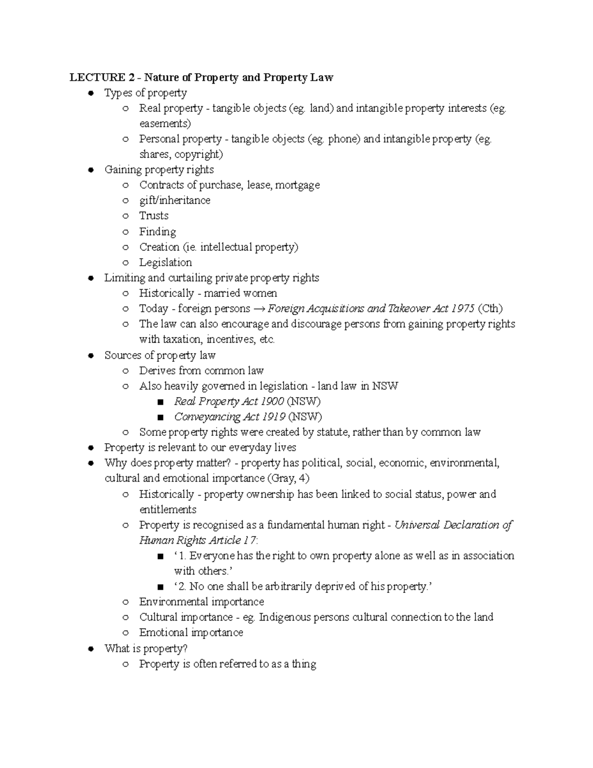 Week 1 - Lecture notes 1 - LECTURE 2 - Nature of Property and Property ...