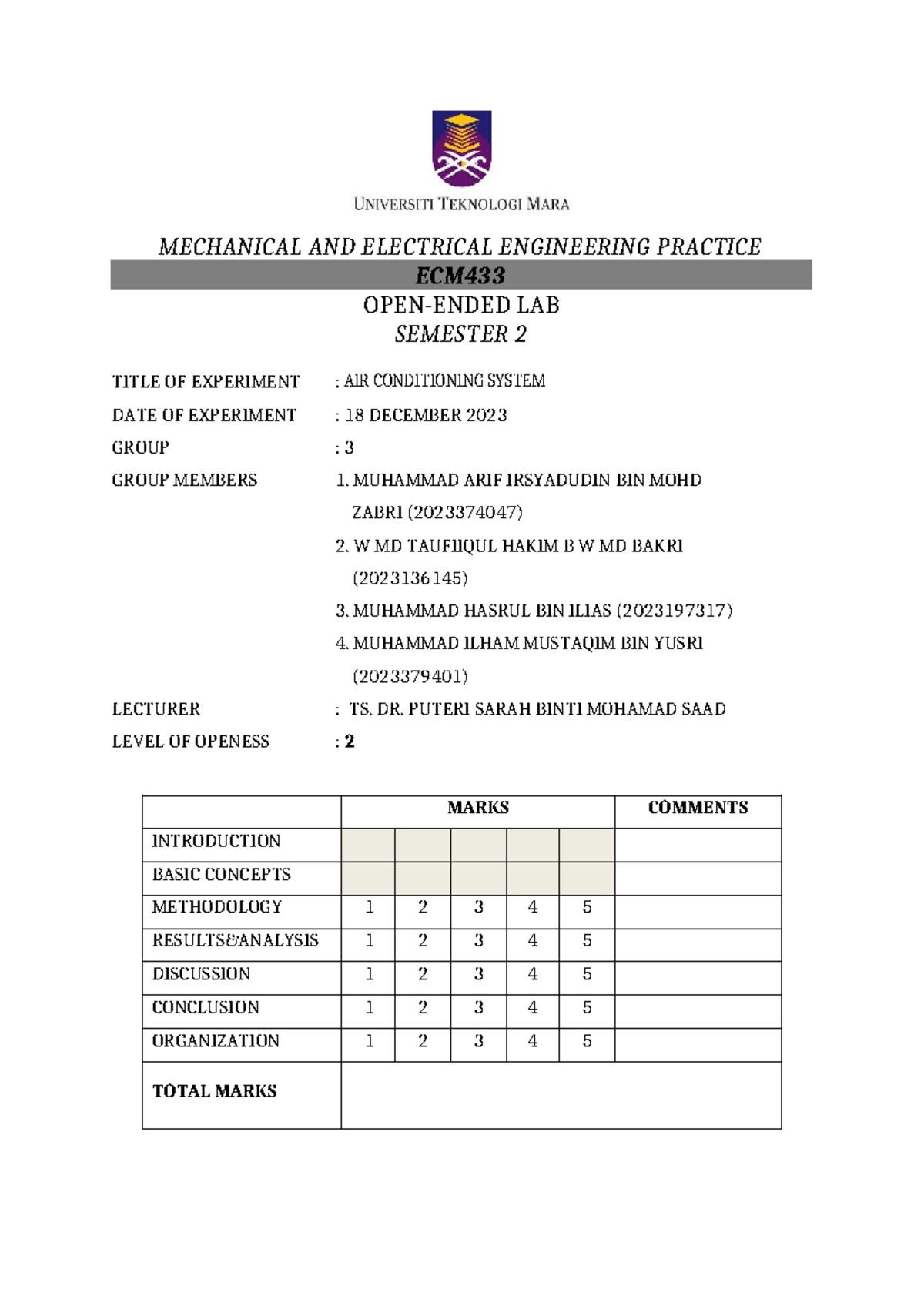 AIR Conditioning System Report - MECHANICAL AND ELECTRICAL ENGINEERING ...