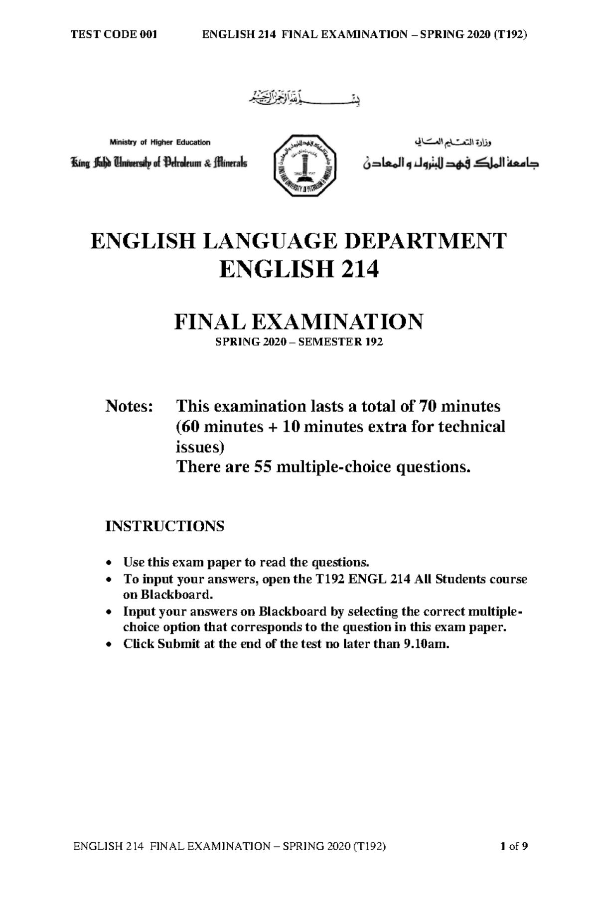 ENGL 214 Final Exam T192 With Answers - ENGLISH LANGUAGE DEPARTMENT ...