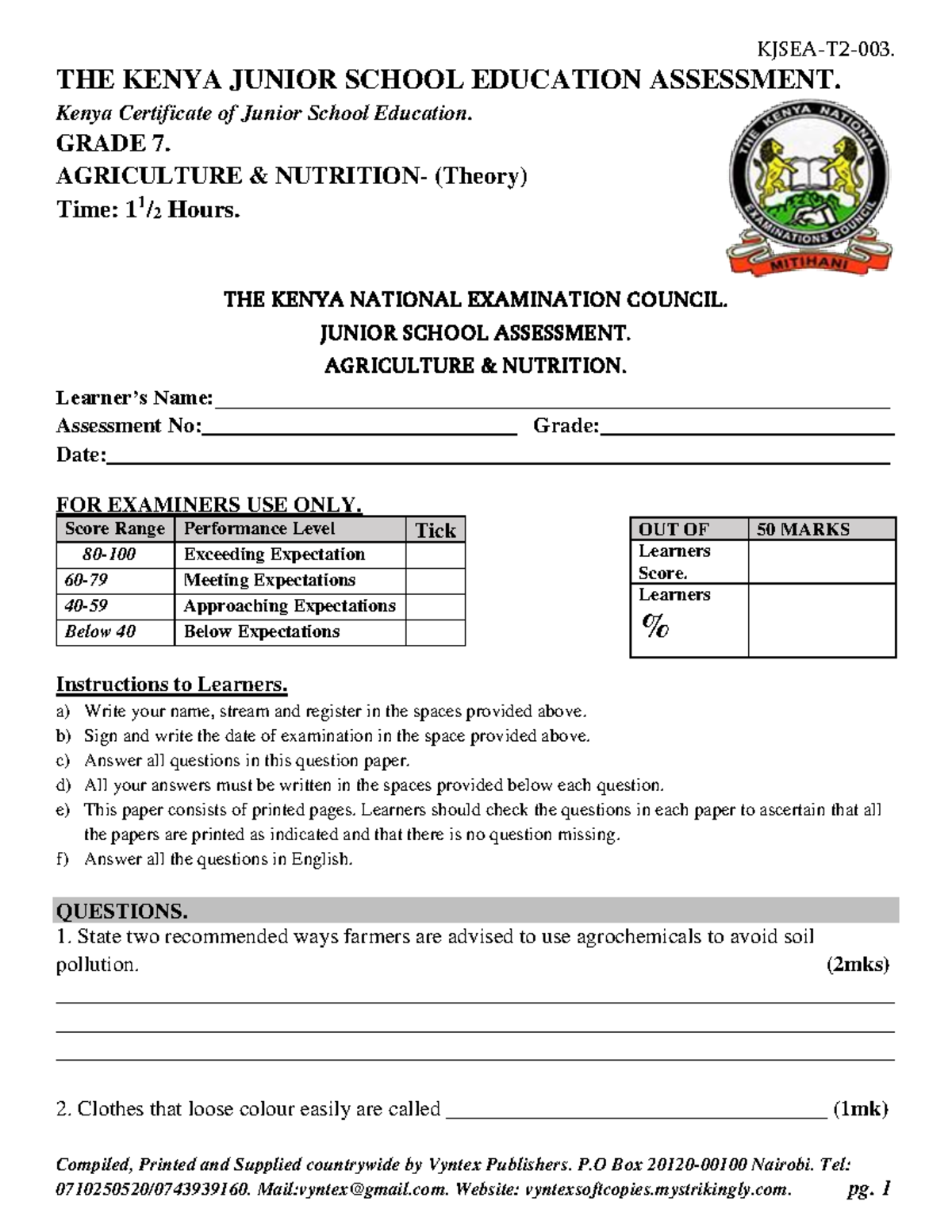 Kjsea G7-T2-003 Agriculture & Nutrition - Compiled, Printed and ...